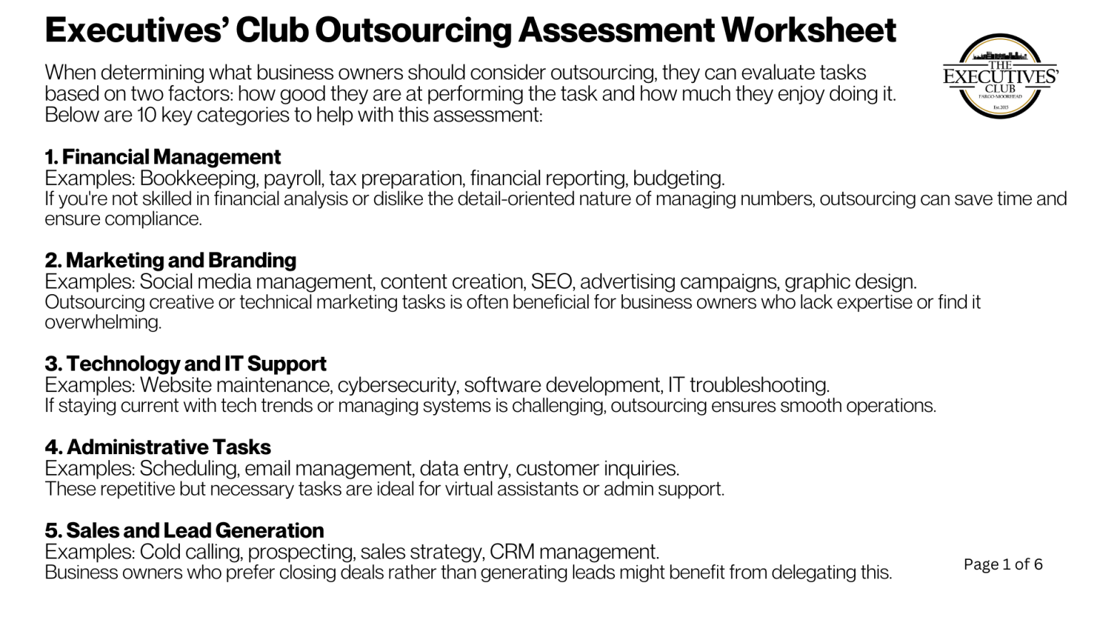 Outsourcing Assessment Worksheet – THE EXECUTIVES' CLUB